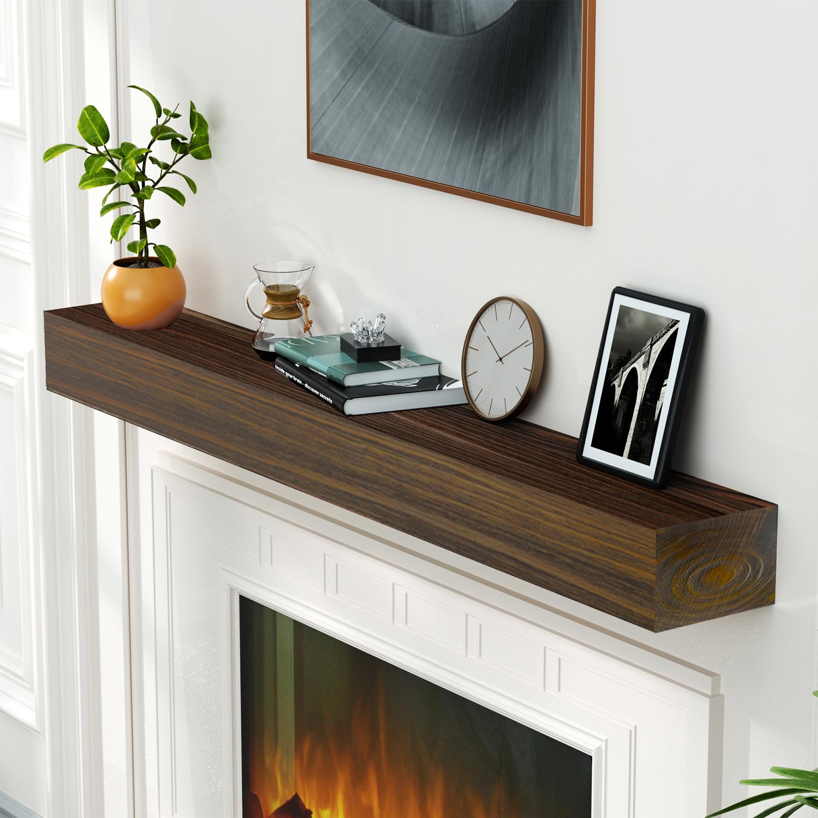 ROOMTEC Fireplace Mantel,60" Wood Floating Fireplace Shelves,Wall Mounted Wooden Display Shelving,Handcrafted Wood Brack,Natural Mantels Over Fireplace | 60" x 8" x 5"-Dark Chocolate