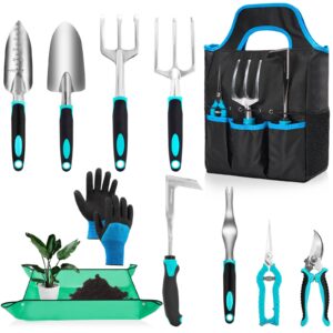 garden tool set with non slip rubber grip,11 piece stainless steel gardening tool sets,thickened repotting mat & storage tote bag,heavy duty outdoor hand tools uprooting weeding tool, ideal gifts blue