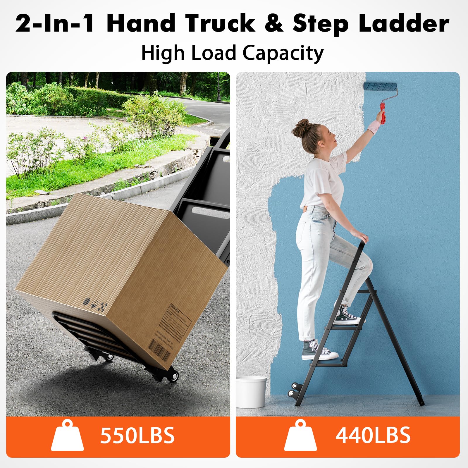 Toolsempire 2 in 1 Hand Truck, Folding Hand Truck Dolly with 2 Wheels & 3 Step Ladder, Heavy Duty Dolly Cart Step Stool for Warehouse, Garage, Home