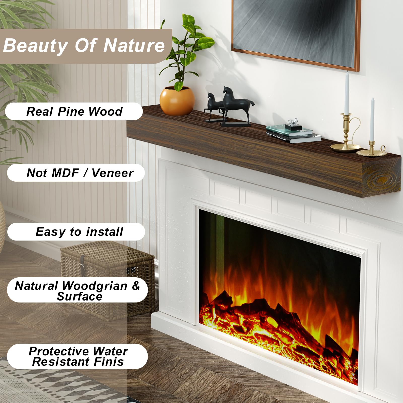 ROOMTEC Fireplace Mantel,60" Wood Floating Fireplace Shelves,Wall Mounted Wooden Display Shelving,Handcrafted Wood Brack,Natural Mantels Over Fireplace | 60" x 8" x 5"-Dark Chocolate