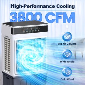 Swamp Cooler, 3800 CFM 3-in-1 Evaporative Air Cooler with 7.6 Gal Water Tank, 120° Oscillation, 3 Speeds 3 Modes, 12 H Timer, Remote, 4 Ice Packs, Portable Air Conditioner for Indoor＆Outdoor