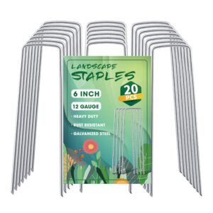 6 inch landscape staples, galvanized garden stakes, u-shaped weed barrier stakes, garden staples for weed barrier stakes, landscape fabric stakes, soaker hose stakes (20 pack)