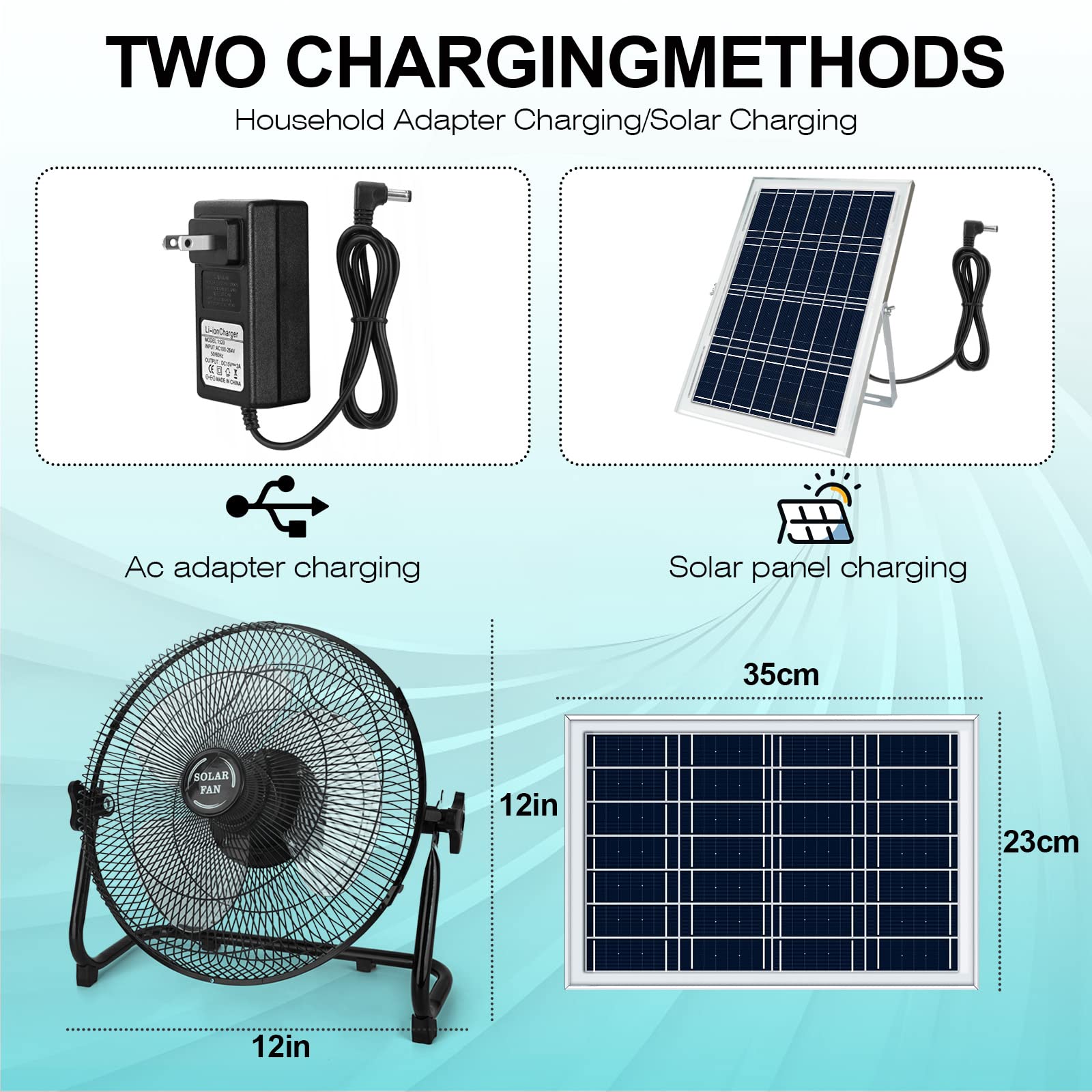 DBF 12'' Battery Operated Solar Fan, 2-in-1 Solar Panel Powered & AC Charger Powered 18 Speeds Portable Floor Fan Rechargeable, Cordless High Velocity Fan For Camping, Household, Garage, Outdoor