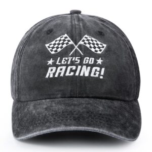 lamceplu race hats for men women, race day hat, funny racing cap, gifts for race car fans, adjustable checkered flag embroidered washed cotton sports baseball hat grey