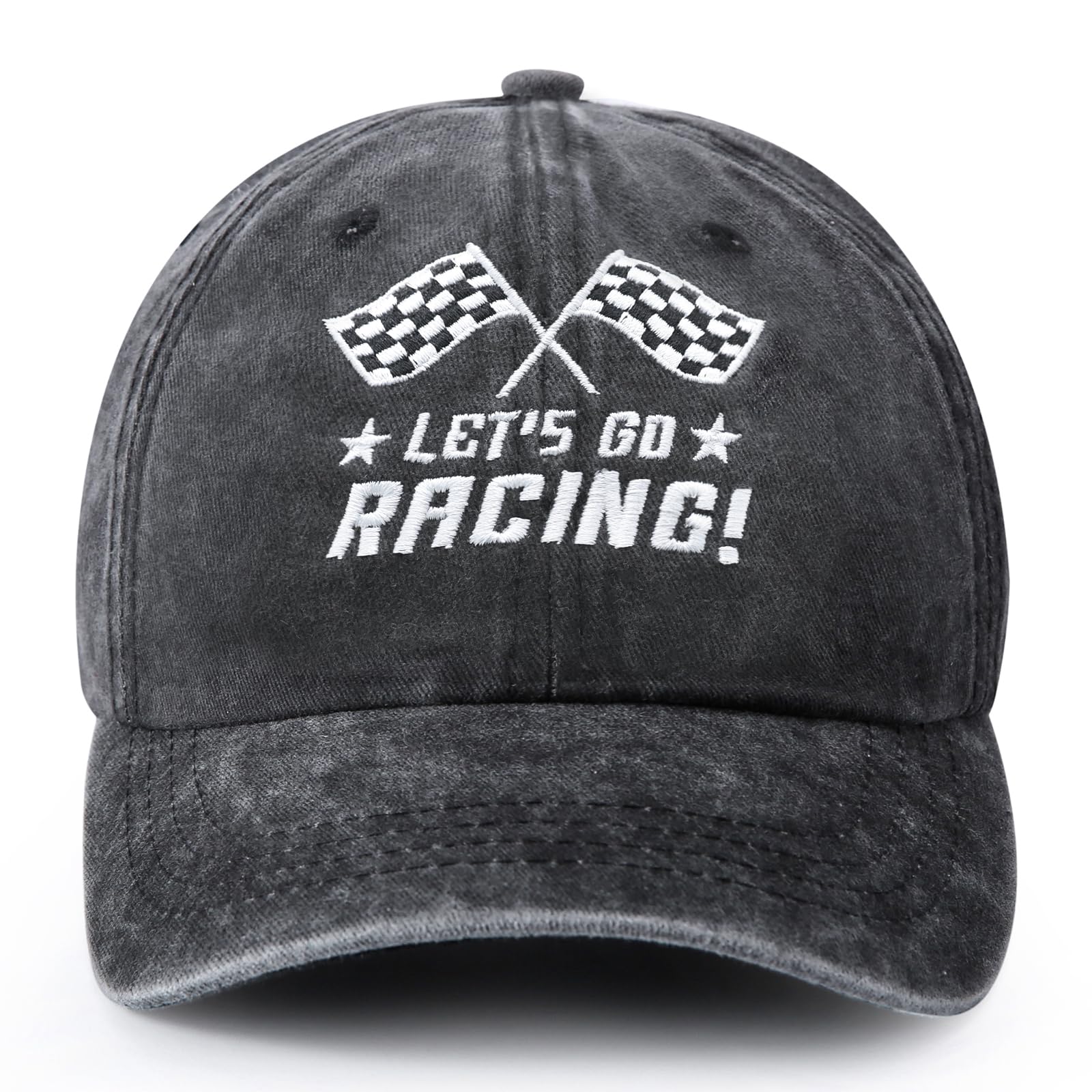 LAMCEPLU Race Hats for Men Women, Race Day Hat, Funny Racing Cap, Gifts for Race Car Fans, Adjustable Checkered Flag Embroidered Washed Cotton Sports Baseball Hat Grey