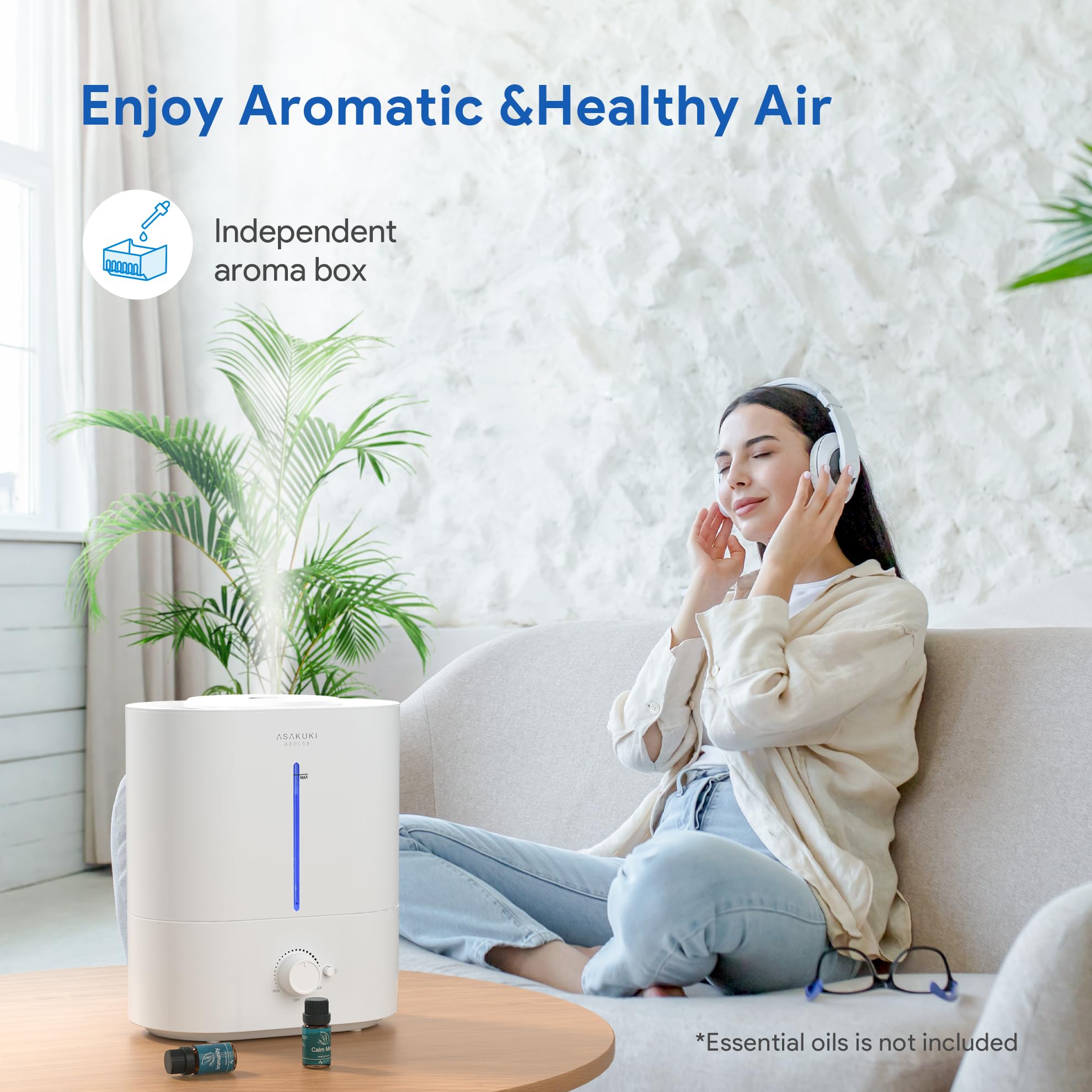 ASAKUKI Cool Mist Humidifiers for Bedroom Home, 4L Top Fill Humidifier Large Room for Baby Nursery & Plants, Quiet Room Humidifier with Diffuser, Night Light, Auto Shut Off, Easy Clean, 40H Runtime