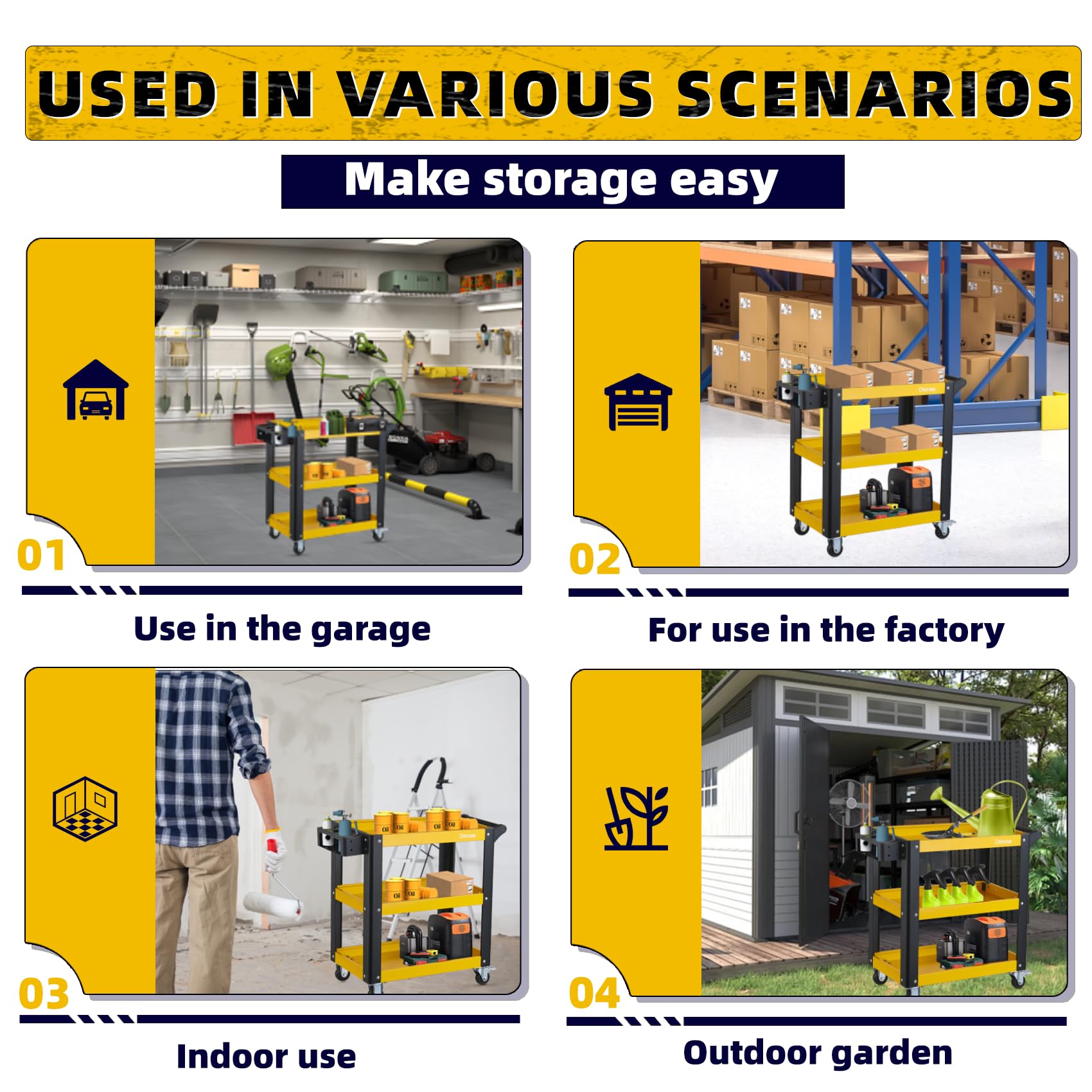 3 Tier Rolling Tool Cart, 3 Shelves Steel Utility Cart, for Warehouse & Repair Shop, 1000Lbs Load Capacity