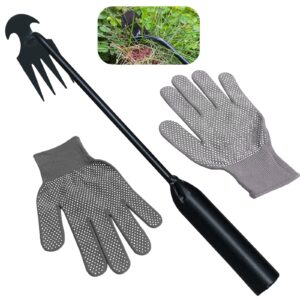 doubleggs weed puller tool, 4 teeth durable garden weed pulling tool, portable garden weeder tool with gloves for vegetable gardening, backyard farm weeding tool (11.81 inch / 30 cm)