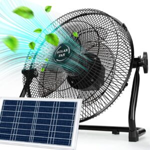 dbf 12'' battery operated solar fan, 2-in-1 solar panel powered & ac charger powered 18 speeds portable floor fan rechargeable, cordless high velocity fan for camping, household, garage, outdoor