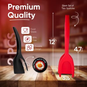 Egg Flipper Spatula Tongs Set of 2 PCS - 2 in 1 Grip and Flip Spatula Tong Multi-Purpose Use Non-Stick Kitchen Flipper Spatula For Bread Fish Pancake Toast Home Kitchen Cooking Tool (Black + Red)