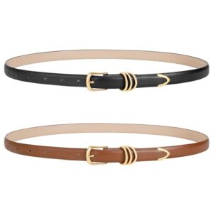 leacoolkey 2 pack women's skinny faux leather belt with gold buckle thin waist belt for jeans pants, black/brown