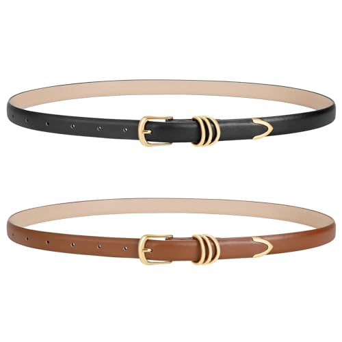 LEACOOLKEY 2 Pack Women's Skinny Faux Leather Belt with Gold Buckle Thin Waist Belt for Jeans Pants, Black/Brown