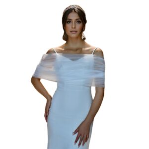 dimnie white tulle bridal shawl, fashionable wedding accessories, with both arms covering the party cape (vpg15b)