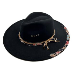 wotfim big wide brim fedora hat for women man felt panama hat with band western outdoor hat-black