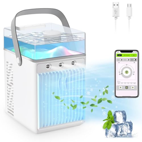 Mini Air Conditioner with APP, 4 IN 1 Portable Air Cooler, 3 Speeds Air Cooler Fan, Air Cooler for Room, Car, Office, Camping, 2000mAh Battery Powered & Type-C Rechargeable White