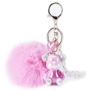 honyjoom teddy bear keychain， pink keychain accessories， key chains women cute， puff ball keychain (pink)