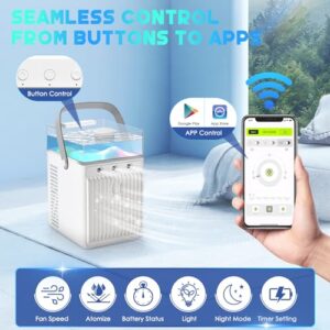 Mini Air Conditioner with APP, 4 IN 1 Portable Air Cooler, 3 Speeds Air Cooler Fan, Air Cooler for Room, Car, Office, Camping, 2000mAh Battery Powered & Type-C Rechargeable White