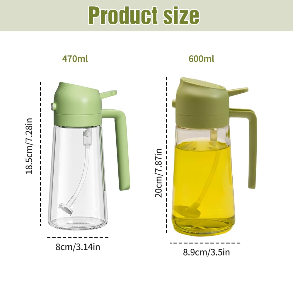 AIIONP 2 in 1 Glass Oil Sprayer & Dispenser, 2024 Upgrade Large 600ml/20Oz Olive Oil Dispenser Bottle for Kitchen, Food-grade Oil Spray Bottle for Cooking, Air Fryer, Frying, BBQ (Green, 470ml)