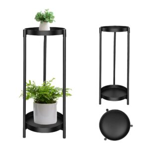 emccqj plant stand indoor outdoor , black 2 tier 24" tall robust flower pot stand heavy duty metal plant shelf , rustproof iron round supports rack for planter corners gardens balconies patios