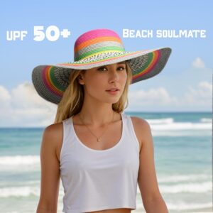 Harikery Womens Sun Straw hat UPF 50+ Wide Brim Summer Beach hat Colorful roll up Floppy Sun hat for Women