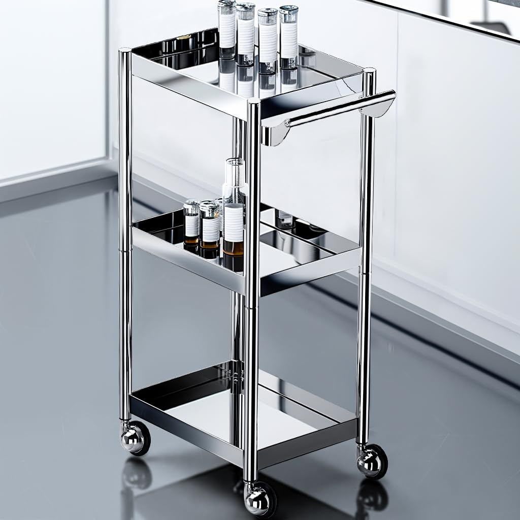 Noverlife 3 Layers Medical Cart, 304 Stainless Steel Utility Cart Lab Rolling Cart, 330lbs, 360° Silent Wheels, Highly-Polish Esthetician Cart Metal Service Cart on Wheels for Laboratory Clinic Salon