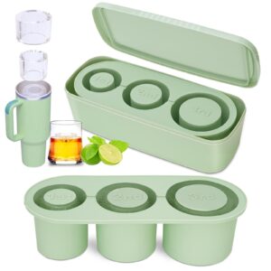 likiyol ice cube tray for stanley cup, silicone ice cube tray with lid and bin for freezer, 3 hollow large cylinder tumbler ice cube mold for drink, juice, cocktail, whiskey, 20oz/30oz/40oz, green