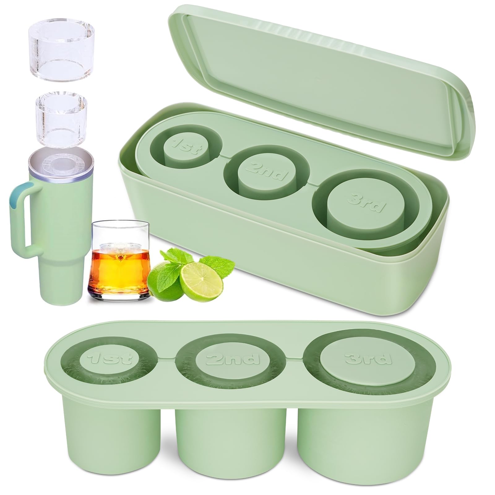 Likiyol Ice Cube Tray for Stanley Cup, Silicone Ice Cube Tray with Lid and Bin for Freezer, 3 Hollow Large Cylinder Tumbler Ice Cube Mold for Drink, Juice, Cocktail, Whiskey, 20Oz/30Oz/40Oz, Green