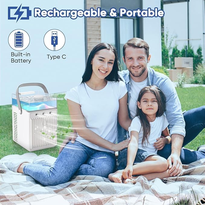 Mini Air Conditioner with APP, 4 IN 1 Portable Air Cooler, 3 Speeds Air Cooler Fan, Air Cooler for Room, Car, Office, Camping, 2000mAh Battery Powered & Type-C Rechargeable White