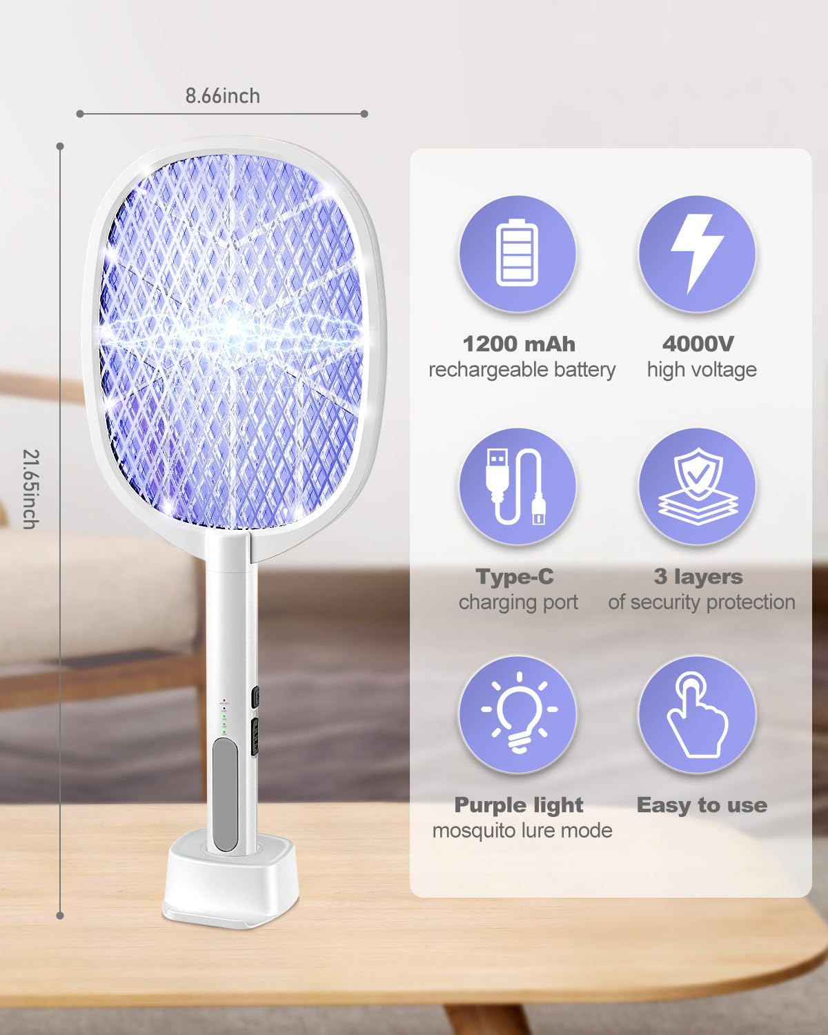 2PACK Electric Fly Swatter,4000V Bug Zapper Racket,2 in 1 Mosquito Zapper Racket with 1200ml Battery Rechargeable Purple Mosquito Killer Lamp with 3 Layers Safety Net Suitable for Indoor and Outdoor