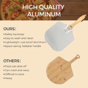 CasaCulina Pizza Peel Aluminum Pizza Spatula, 12 x 14 Inch Metal Pizza Paddle with Foldable Wooden Handle & Rocker Cutter, Pizza Peel Set for Family Pizza Oven Baking Pizza, Dough, Bread & Pastry