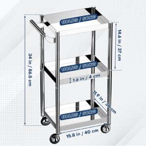 Noverlife 3 Layers Medical Cart, 304 Stainless Steel Utility Cart Lab Rolling Cart, 330lbs, 360° Silent Wheels, Highly-Polish Esthetician Cart Metal Service Cart on Wheels for Laboratory Clinic Salon