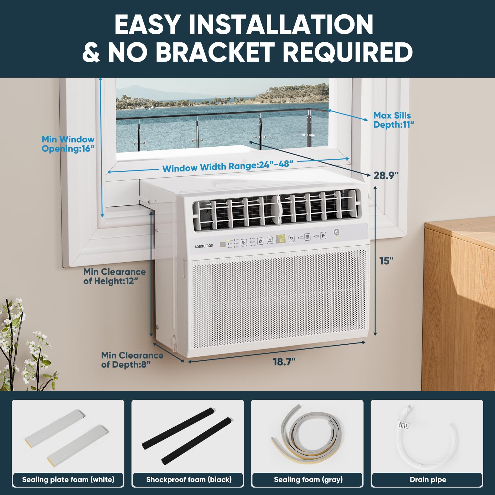 Upstreman 8100 BTU Window Air Conditioner, Cools up to 380 Sq. Ft, Full View, With Open Window Flexibility, Energy Saving, Remote Control (Fits up to 11" Wide Window Sill)-N2