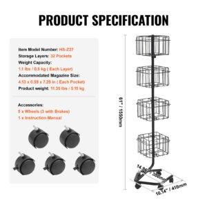 VEVOR Brochure Display Rack, 4-Tier 32 Pockets Rotating Magazine Literature Display Stand for Postcards, 360° Spinning Greeting Cards Rack with 5 Wheels (2 Lockable) for Shop Exhibitions Office