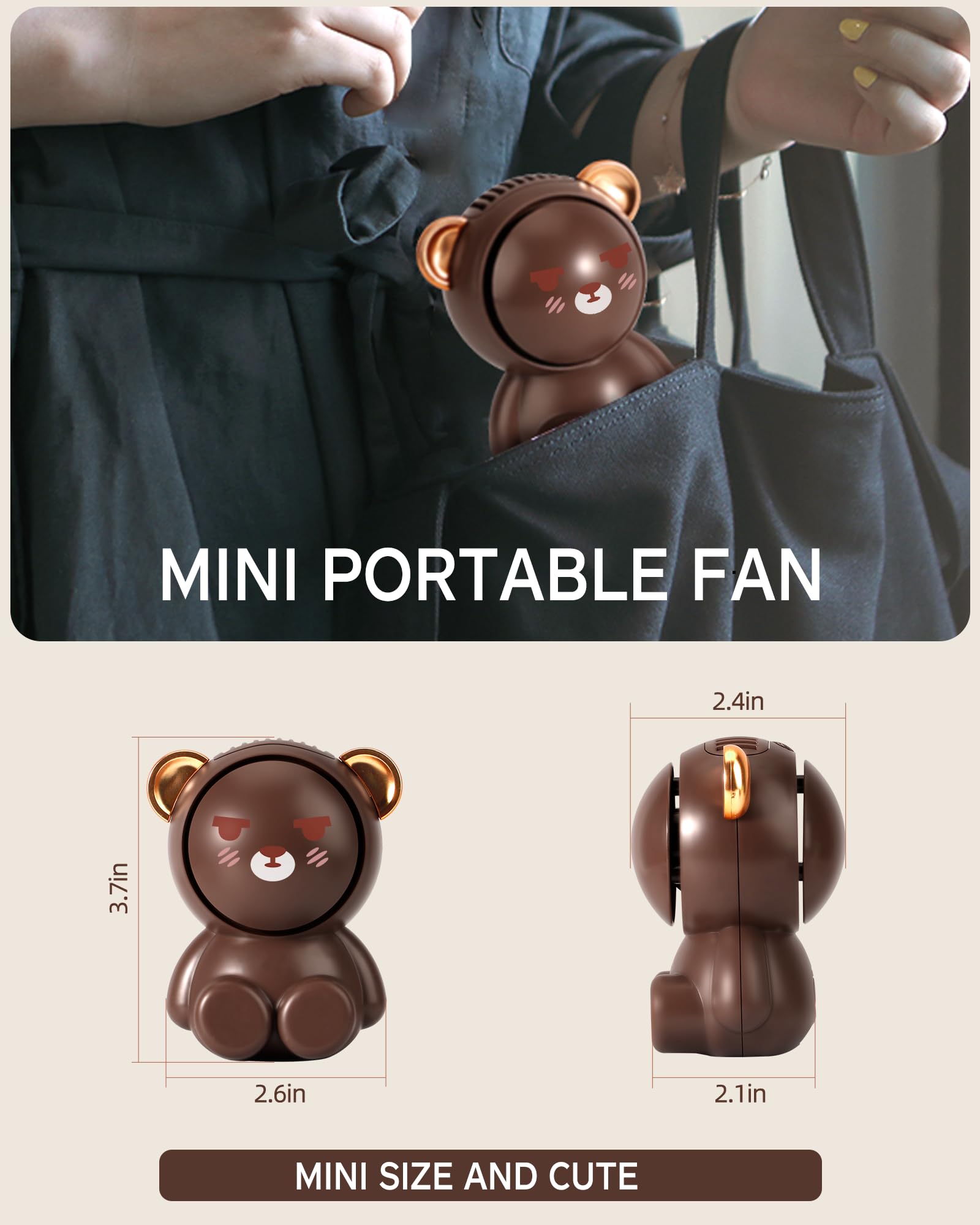 wegte Bear Fan, Portable Neck Fan, Cute Handheld Fan, Rechargeable Battery Powered Fan, 2 Speed Wind, Bladeless Design, Exquisite Appearance, Gift for Kids Girls Women, Brown