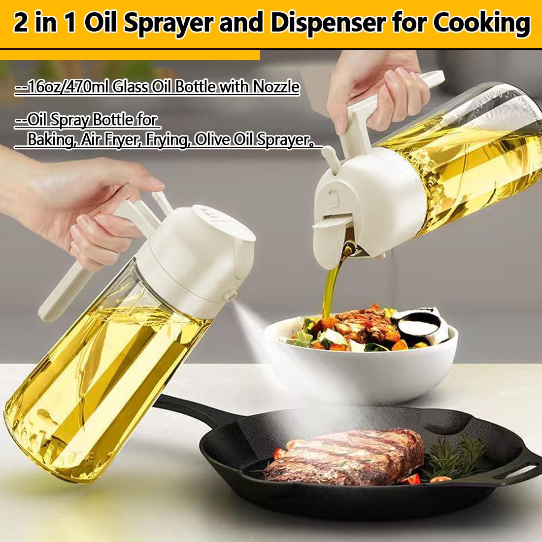 LayYun Olive Oil Dispenser Bottle & Oil Dispenser and Oil Sprayer,470 ml 16 OZ Condiment Container With Olive Oil Sprayer Dispenser for Cooking, Air Fryer, Salad, Frying, BBQ