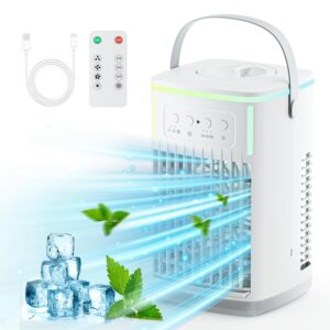 portable air conditioners fan,1500ml dual nozzle evaporative mini air conditioner with remote, 3 wind speed & 7 led light, mobile personal cooling fan for room/office(white)