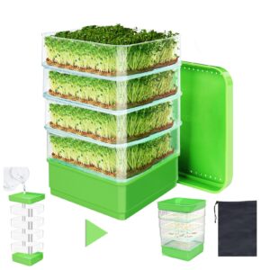 phain 4-tier seed sprouting kit with drain holes and drain tray, upgrade stackable microgreens fresh organic bean seed sprouter tray ripple soil-free sprouter tray for beans alfalfa seeds