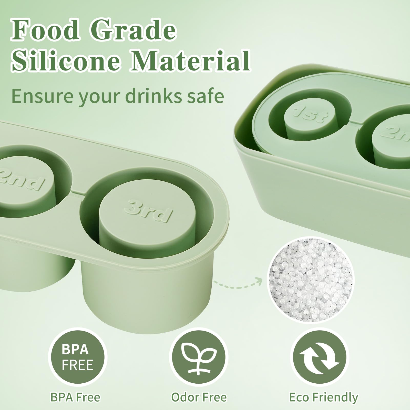 Likiyol Ice Cube Tray for Stanley Cup, Silicone Ice Cube Tray with Lid and Bin for Freezer, 3 Hollow Large Cylinder Tumbler Ice Cube Mold for Drink, Juice, Cocktail, Whiskey, 20Oz/30Oz/40Oz, Green