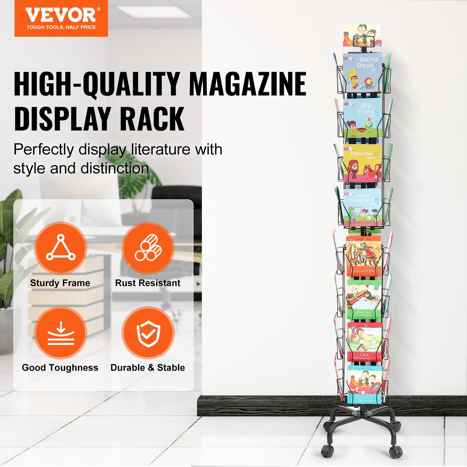 VEVOR Greeting Cards Display Rack, 32 Pockets Rotating Postcard Brochure Display Stand, 360° Spinning Card Display Rack with Sign Holder & 4 Wheels (2 Lockable) for Exhibitions Office Trade Show