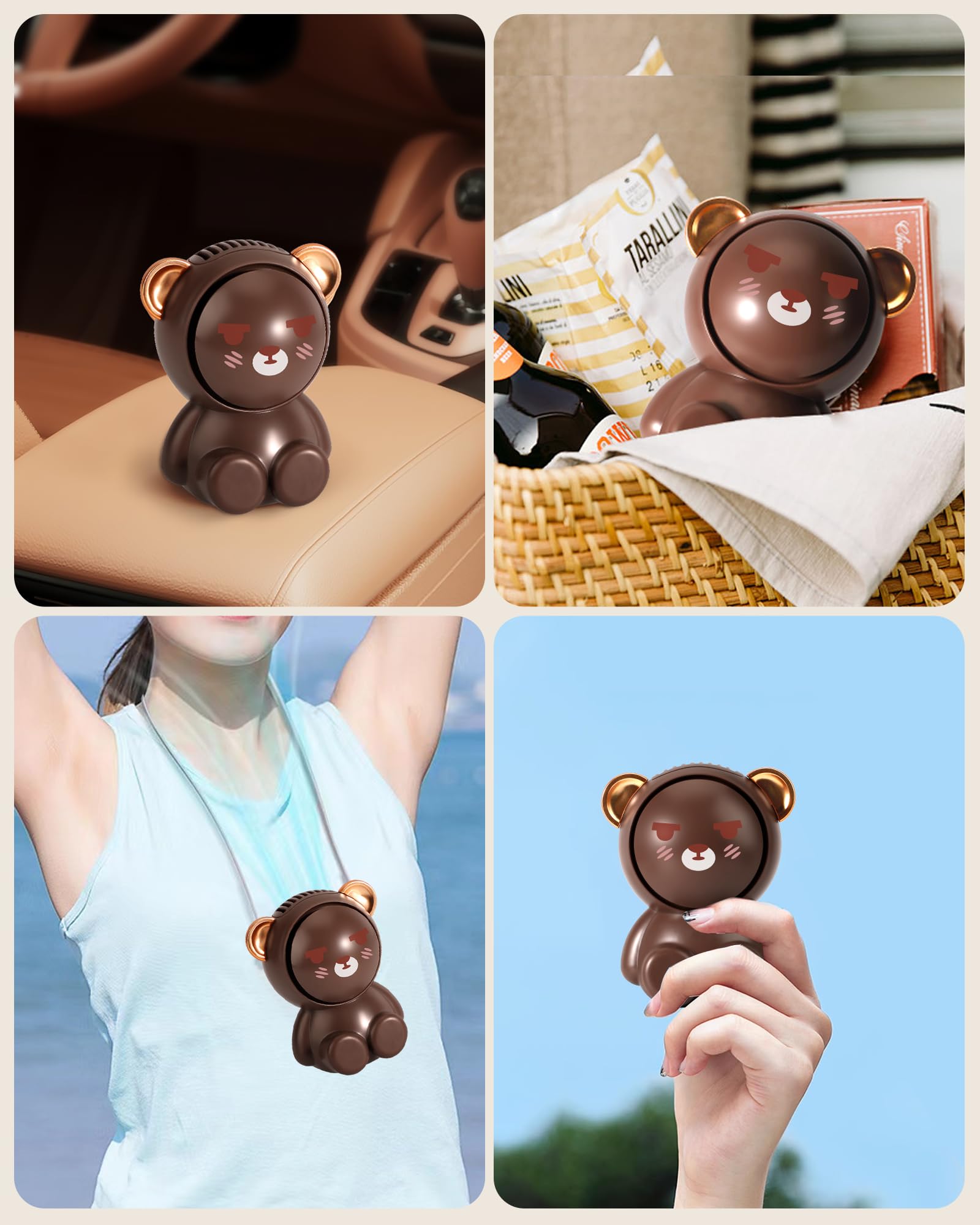 wegte Bear Fan, Portable Neck Fan, Cute Handheld Fan, Rechargeable Battery Powered Fan, 2 Speed Wind, Bladeless Design, Exquisite Appearance, Gift for Kids Girls Women, Brown