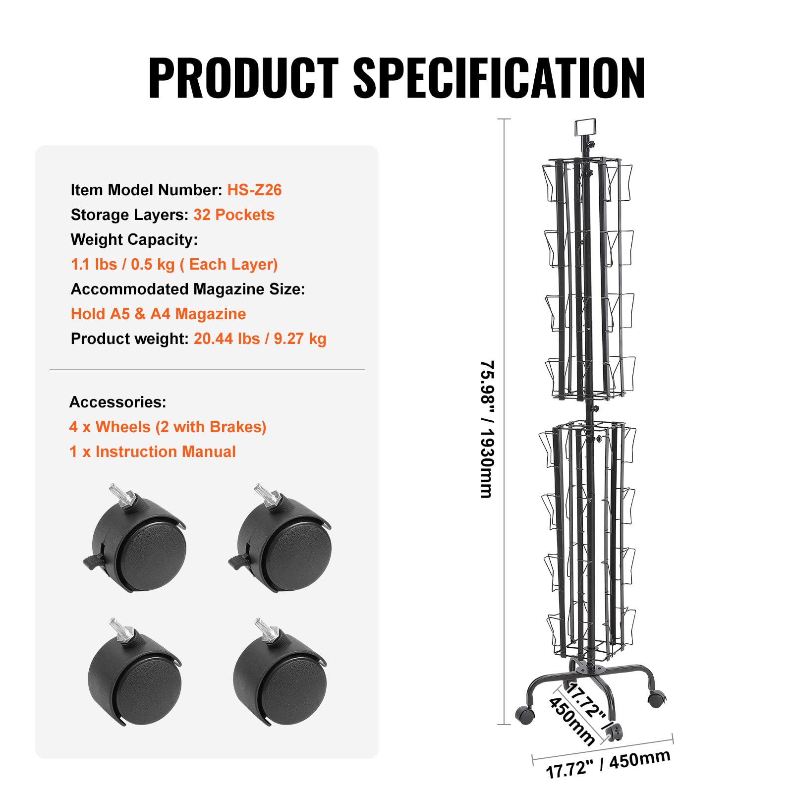 VEVOR Greeting Cards Display Rack, 32 Pockets Rotating Postcard Brochure Display Stand, 360° Spinning Card Display Rack with Sign Holder & 4 Wheels (2 Lockable) for Exhibitions Office Trade Show