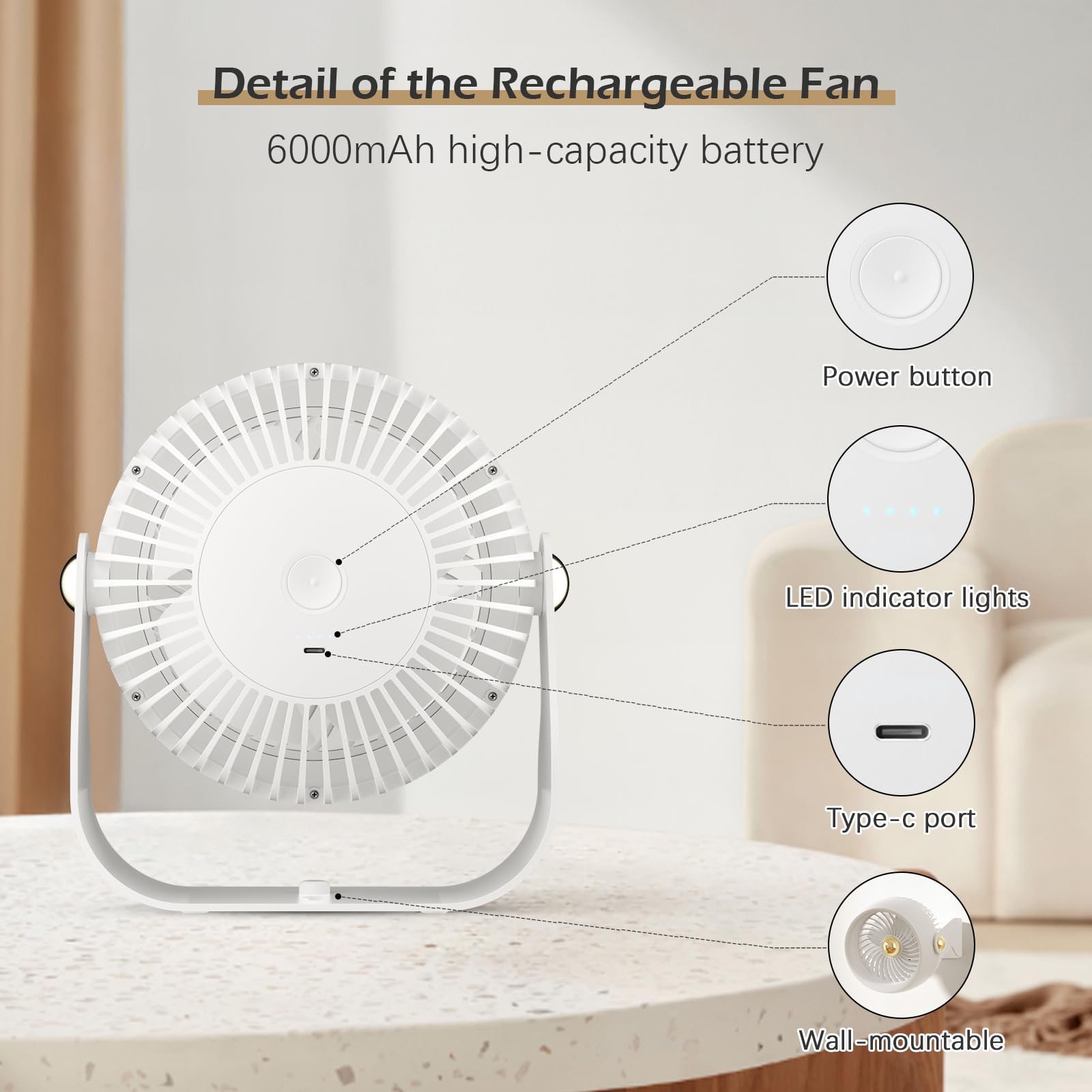 CIVPOWER Air Circulation Desk Fan: Rechargeable Table Fan with 6000 mAh Battery - 4 Speed and Timing - 270° Adjustable Quiet Fan for Bedroom/Office/Camp - White