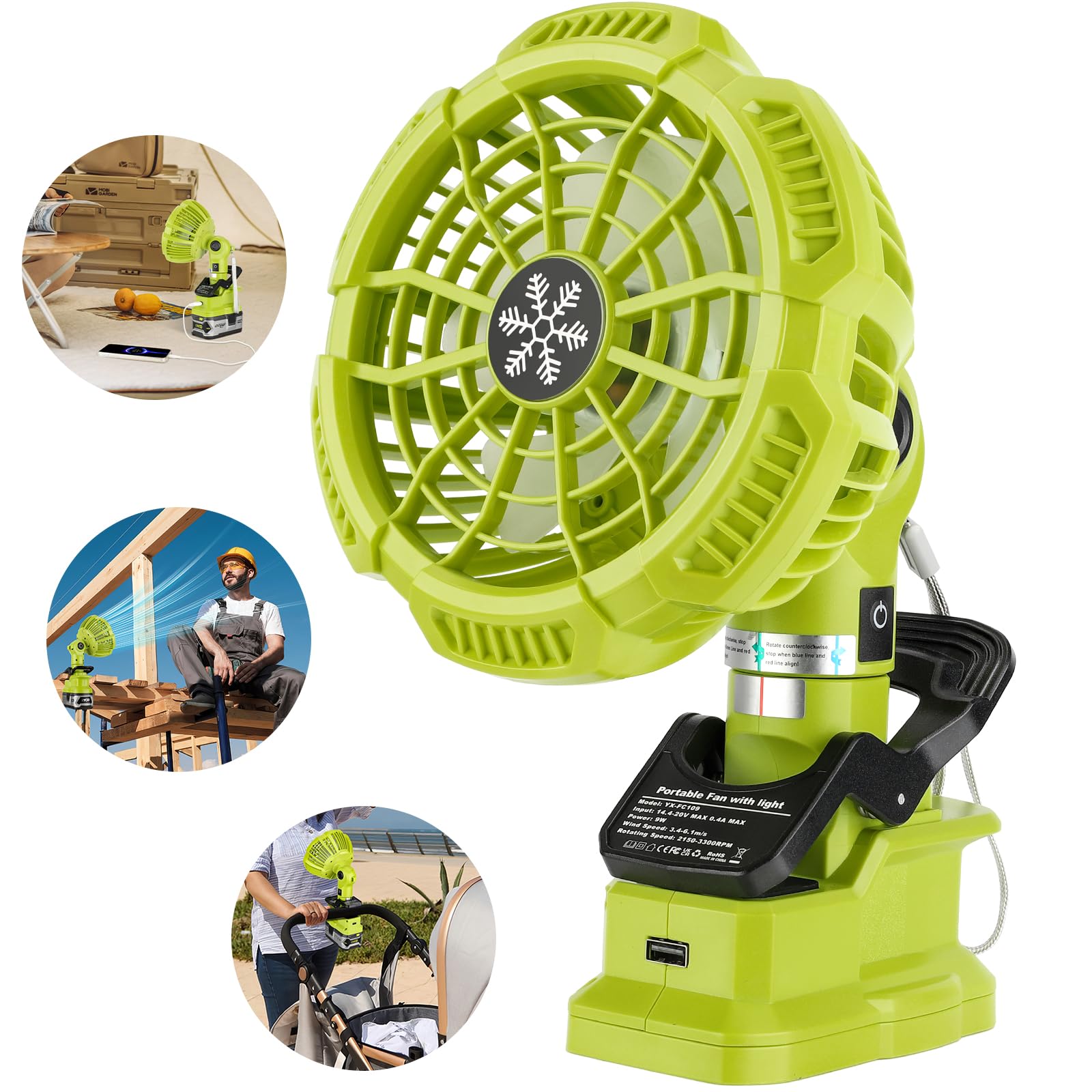 YEX-BUR Portable Clip on Fan for Ryobi 18v Battery, Quiet Battery Operated Personal Fan, Clamp Fan with USB Port for Outdoor Camping Worksite Home Office