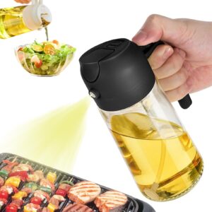 oil dispenser for kitchen spray, 2 in 1 oil dispenser and oil sprayer, olive bottle spray and pour for kitchen, 16oz/470ml glass oil bottle for air fryer, salad, frying, bbq (black)