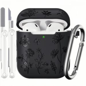 dxitromi compatible with airpods case - flower engraved soft silicone case for airpods 2nd generation case - cute case for airpods case 1st/2nd generation with cleaner kit & keychain (black)