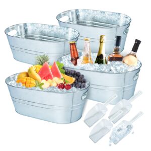 4 pack galvanized metal ice buckets, 3 gallon large ice buckets for parties wine beverage tub with carry handle for home/bar beer champagne cocktails cooling supplies