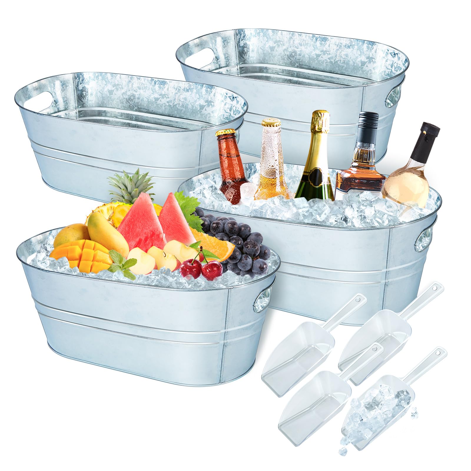 4 Pack Galvanized Metal Ice Buckets, 3 Gallon Large Ice Buckets for Parties Wine Beverage Tub with Carry Handle for Home/Bar Beer Champagne Cocktails Cooling Supplies