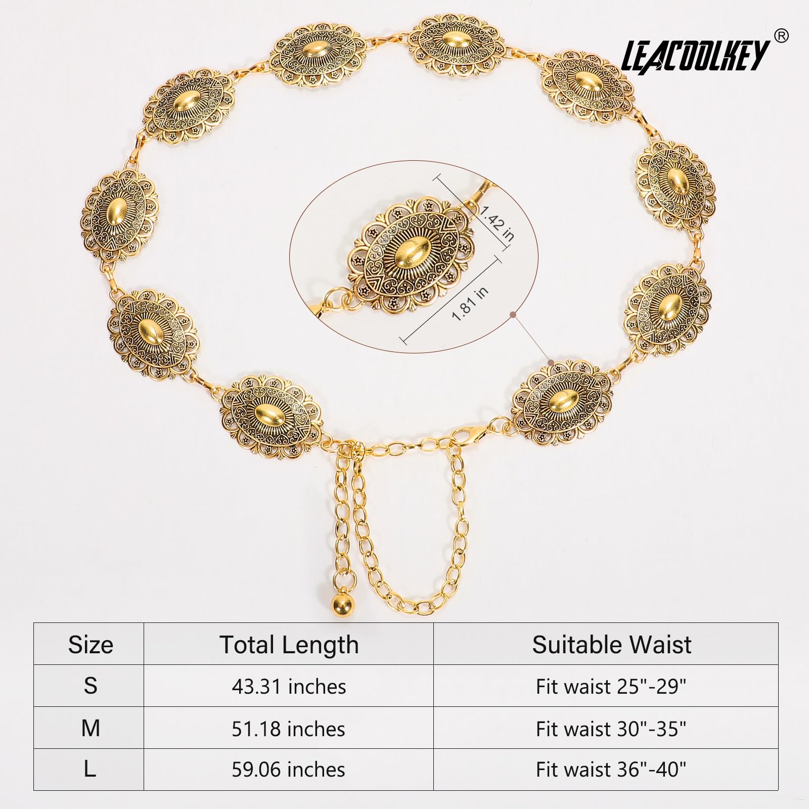 LEACOOLKEY Western Metal Concho Belt for Women Cowgirl Boho Waist Chain Belt for Dresses Jeans Pants, Gold