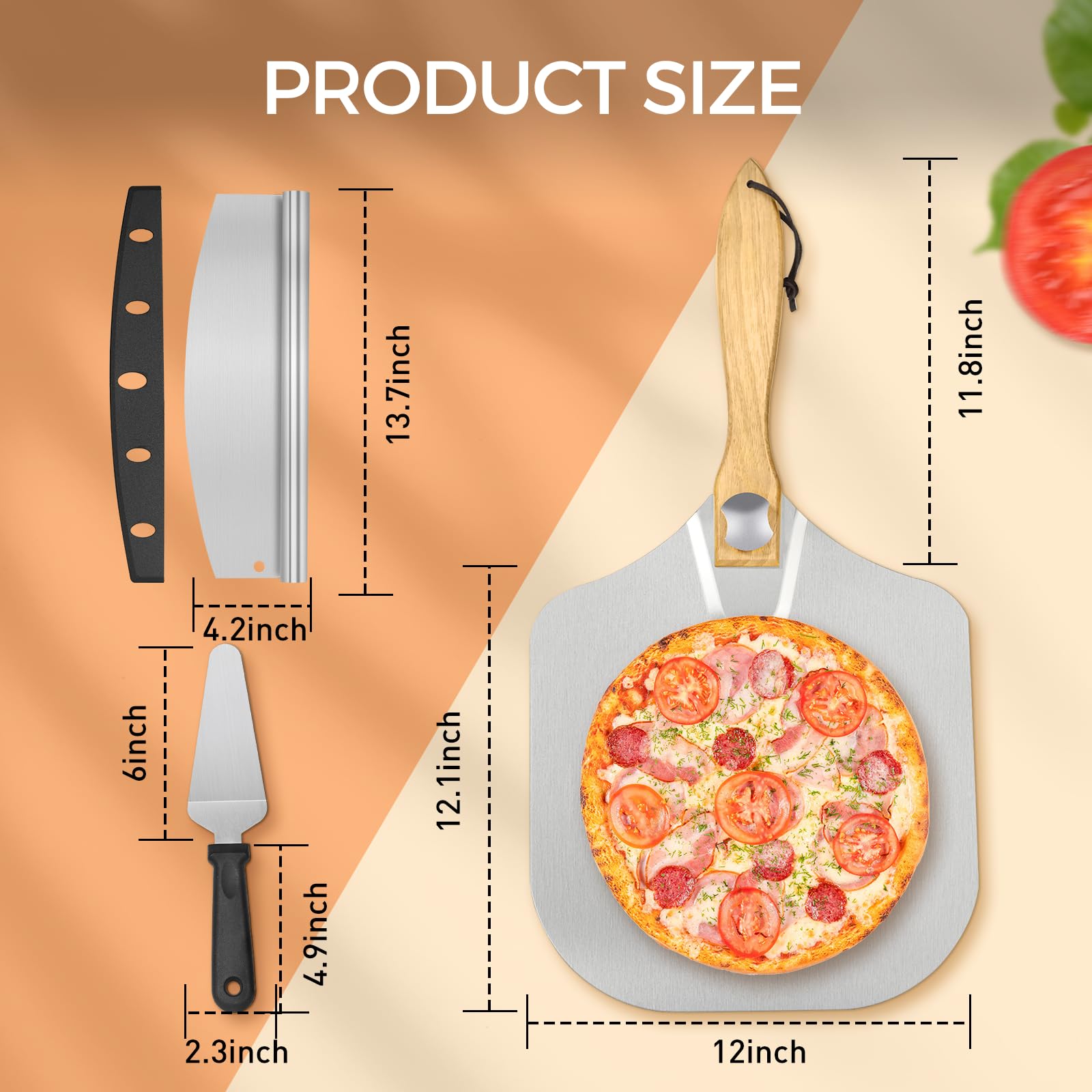 CasaCulina Pizza Peel Aluminum Pizza Spatula, 12 x 14 Inch Metal Pizza Paddle with Foldable Wooden Handle & Rocker Cutter, Pizza Peel Set for Family Pizza Oven Baking Pizza, Dough, Bread & Pastry