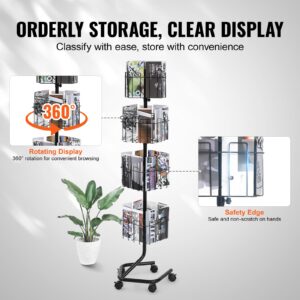 VEVOR Brochure Display Rack, 4-Tier 32 Pockets Rotating Magazine Literature Display Stand for Postcards, 360° Spinning Greeting Cards Rack with 5 Wheels (2 Lockable) for Shop Exhibitions Office